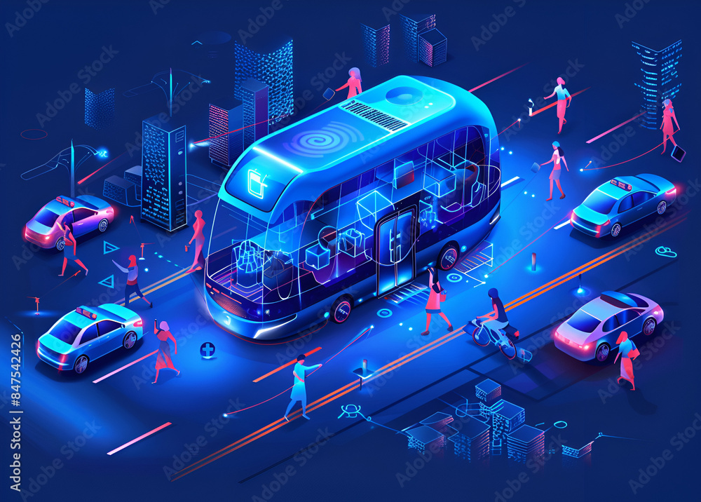 Autonomous smart bus and car rides through the night city. Smart bus ...