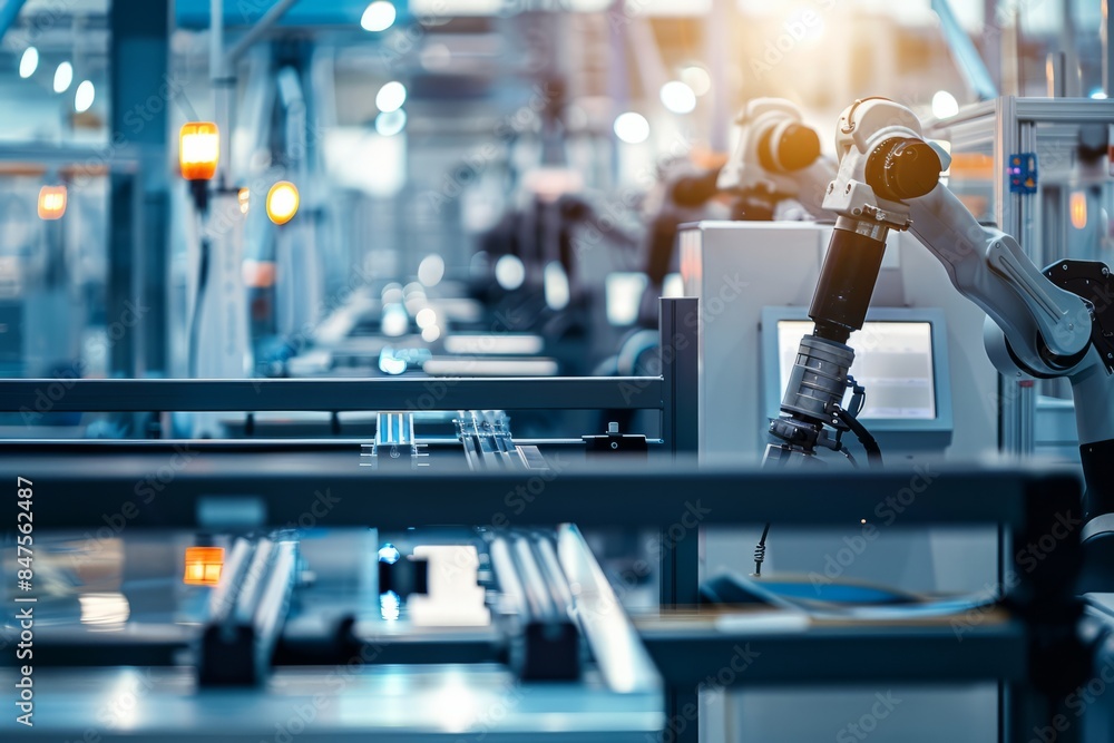 Professional Photography of a smart factory floor where robots and automation systems streamline ...