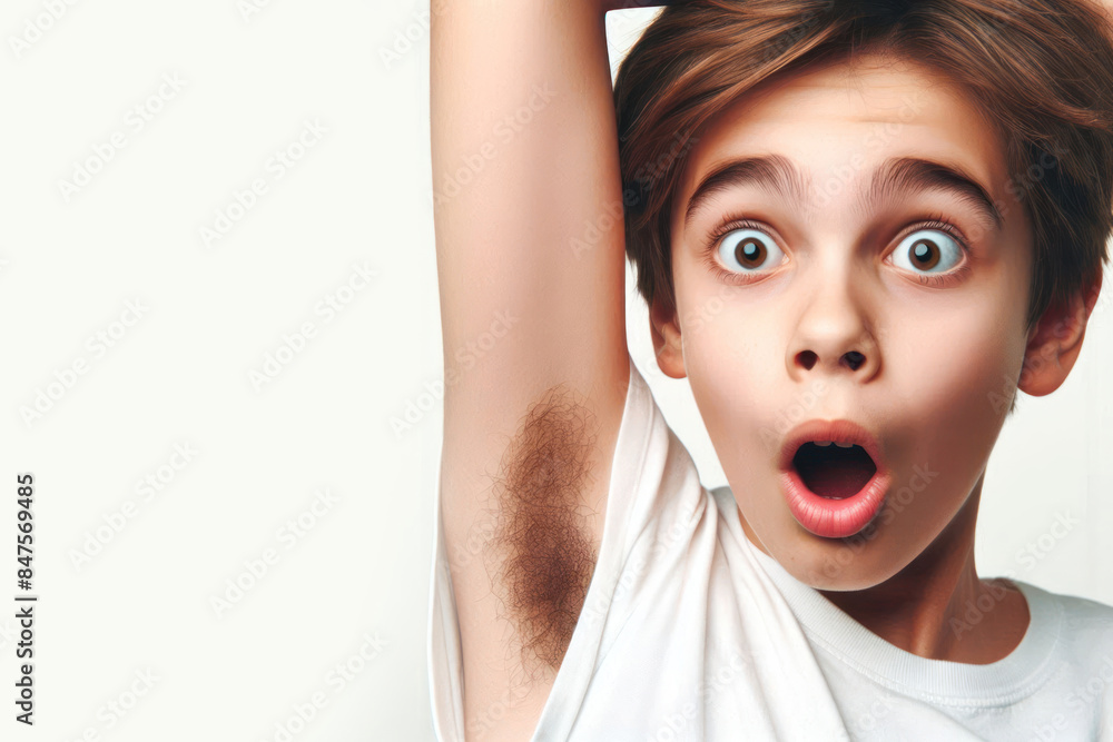 Surprised kid teenager with hairy armpits on a white background Stock ...