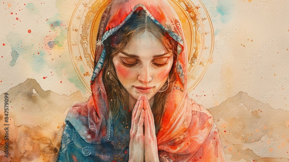 Serene watercolor painting of the holy figure of Mother Mary with a ...
