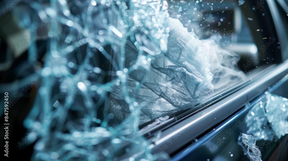 Side view close-up of airbag deployment in a car crash, seen through ...