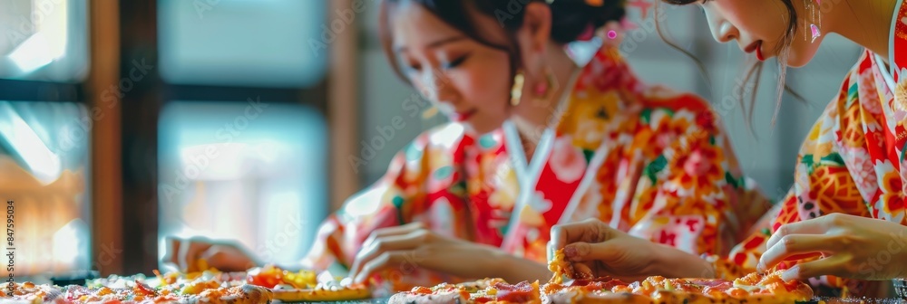 Traditional Japanese Women in Kimono Eating Pizza, Japanese Traditional ...