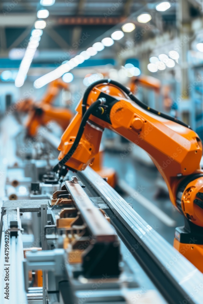 Professional Photography of a smart factory floor where robots and automation systems streamline ...