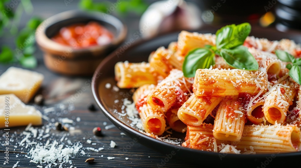 Authentic Italian rigatoni pasta coated in a savory tomato sauce and ...