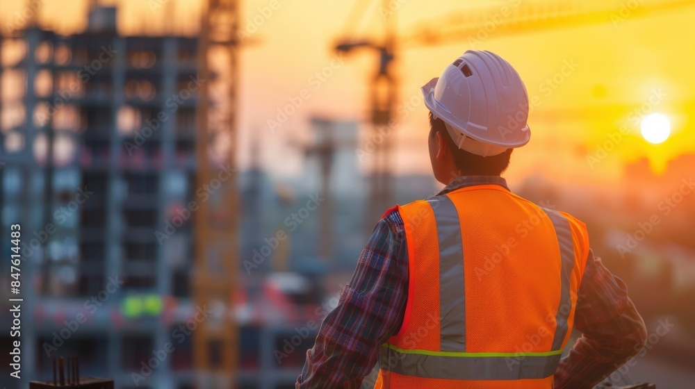 Engineer overseeing construction site, safety helmet, project ...