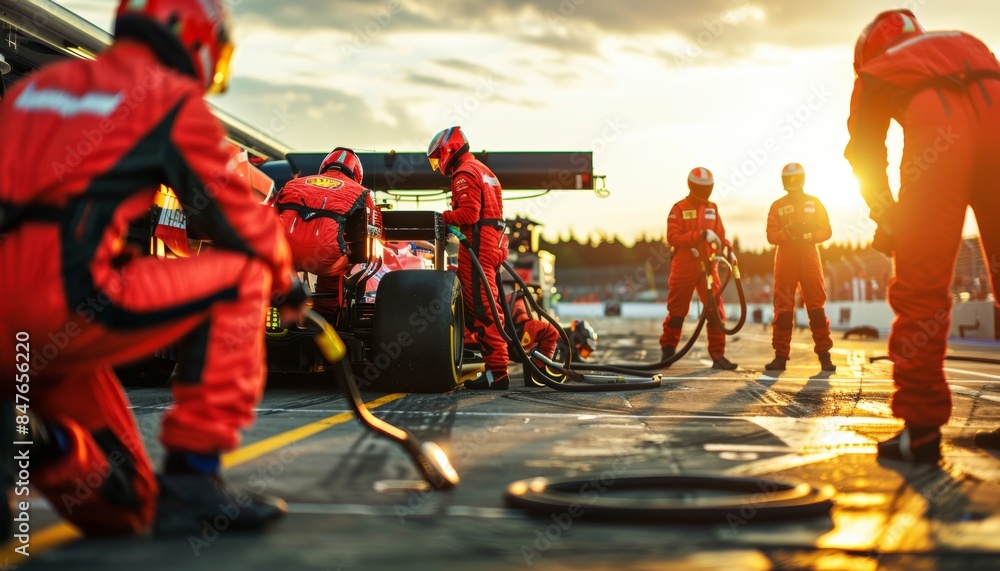 High speed formula one pit stop teamwork and competition with crew in red jumpsuits Stock Photo ...