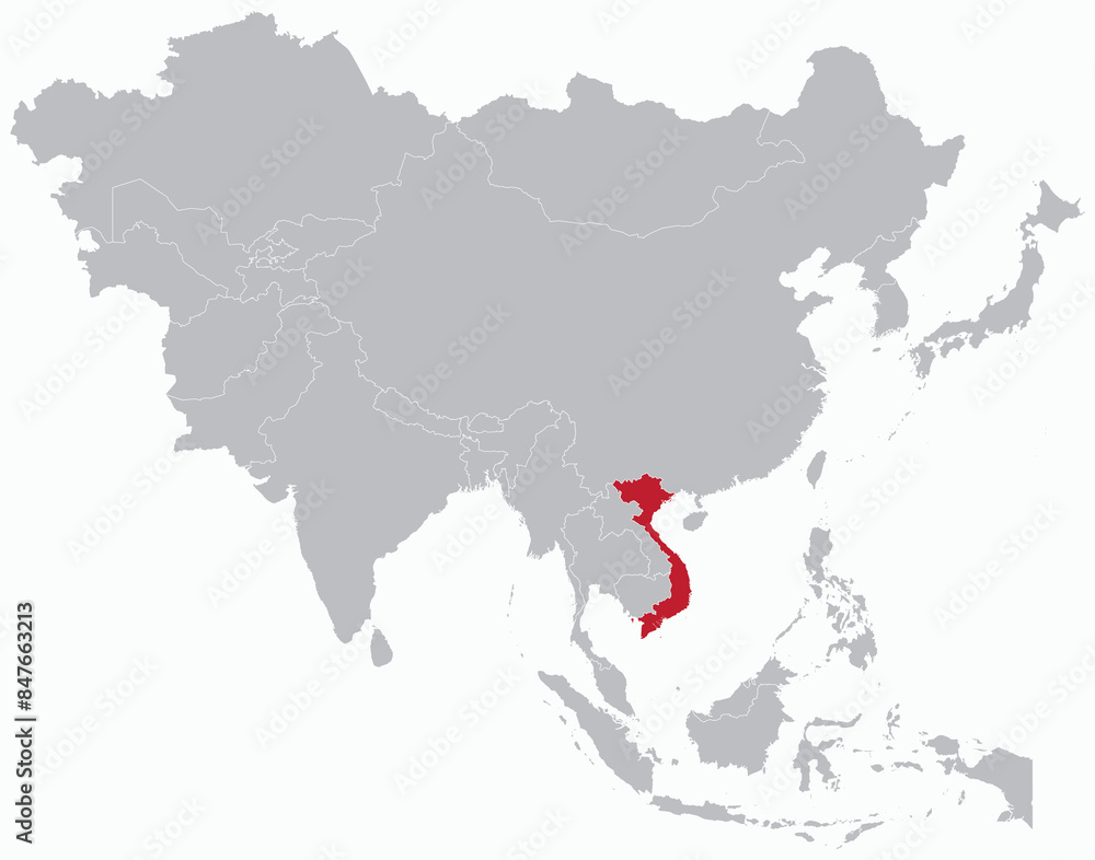 Highlighted red map of VIETNAM inside grey detailed blank political map ...