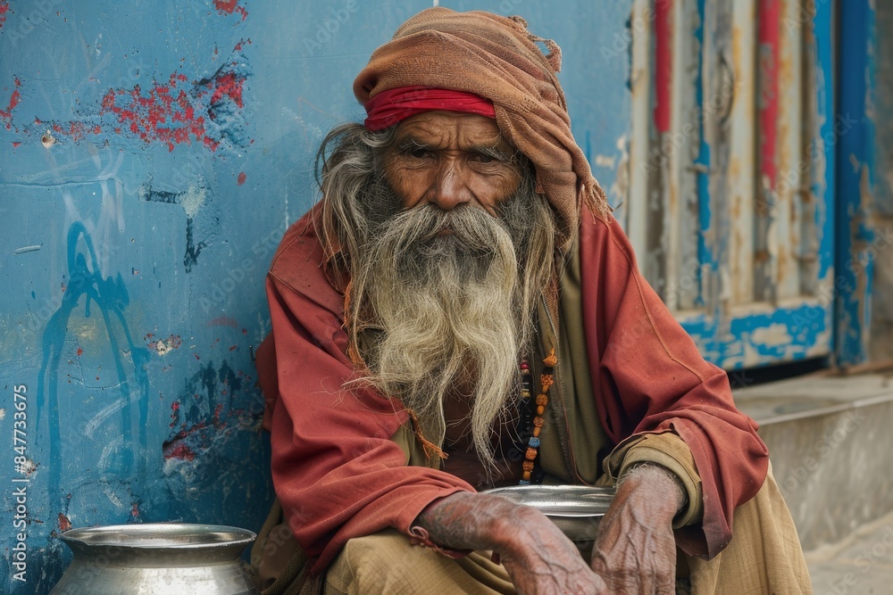 Elderly man with long beard and turban, dressed in colorful traditional ...