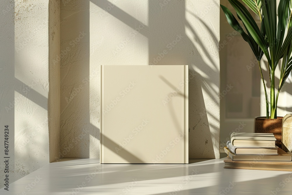 model of a vertically standing square book leaning against a beige wall ...