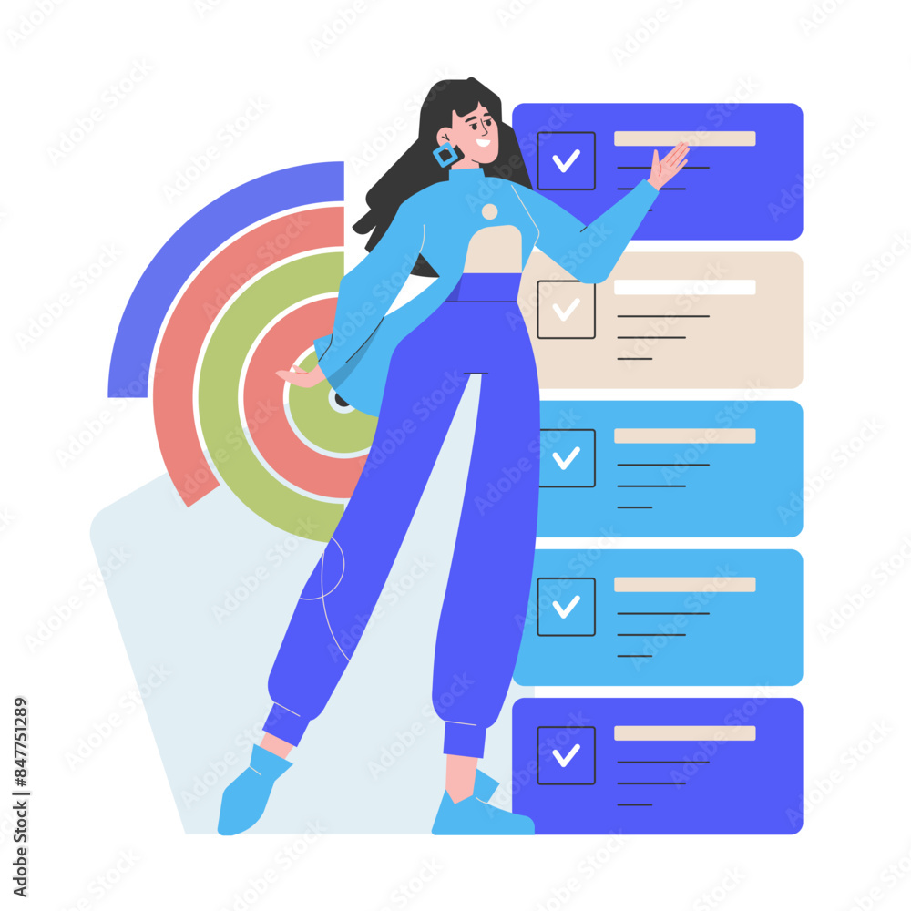 Vector illustration of a woman managing tasks with a digital checklist ...
