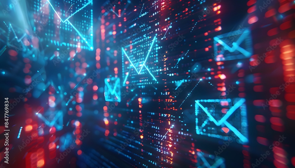 Digital background featuring the symbol of an email surrounded by binary code and data streams ...