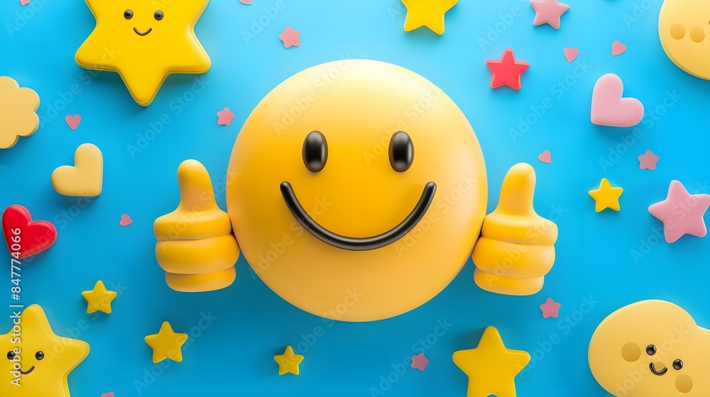 Smiley face surrounded by positive symbols, thumbs-up gestures, stars ...