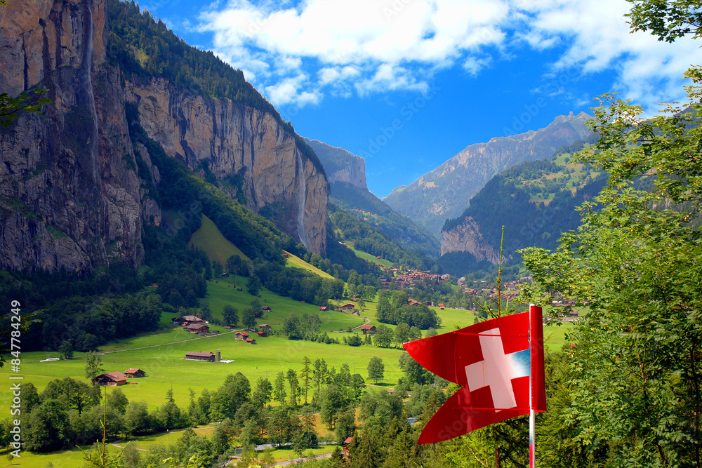 Beautiful landscape of Swiss Alps. Lauterbrunnen is the most famous and ...