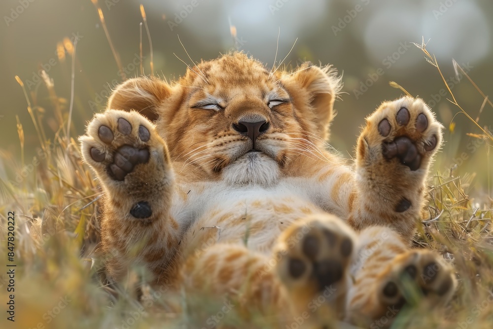 Baby Lion: A playful lion cub with big paws and a tufted tail, lying on ...