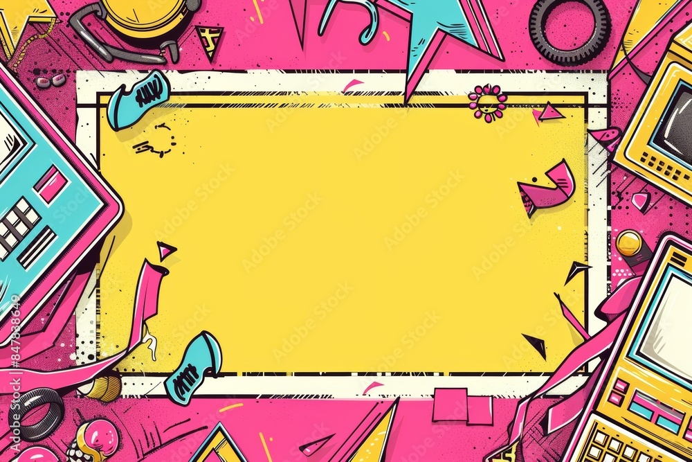 90s themed yellow party background featuring blank central space for ...