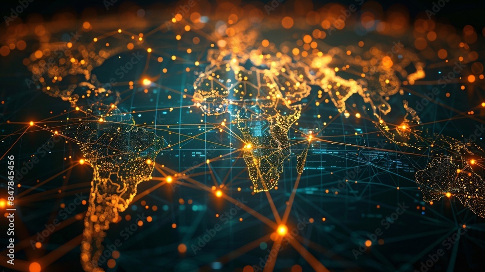 Futuristic digital world map with illuminated networks and nodes ...
