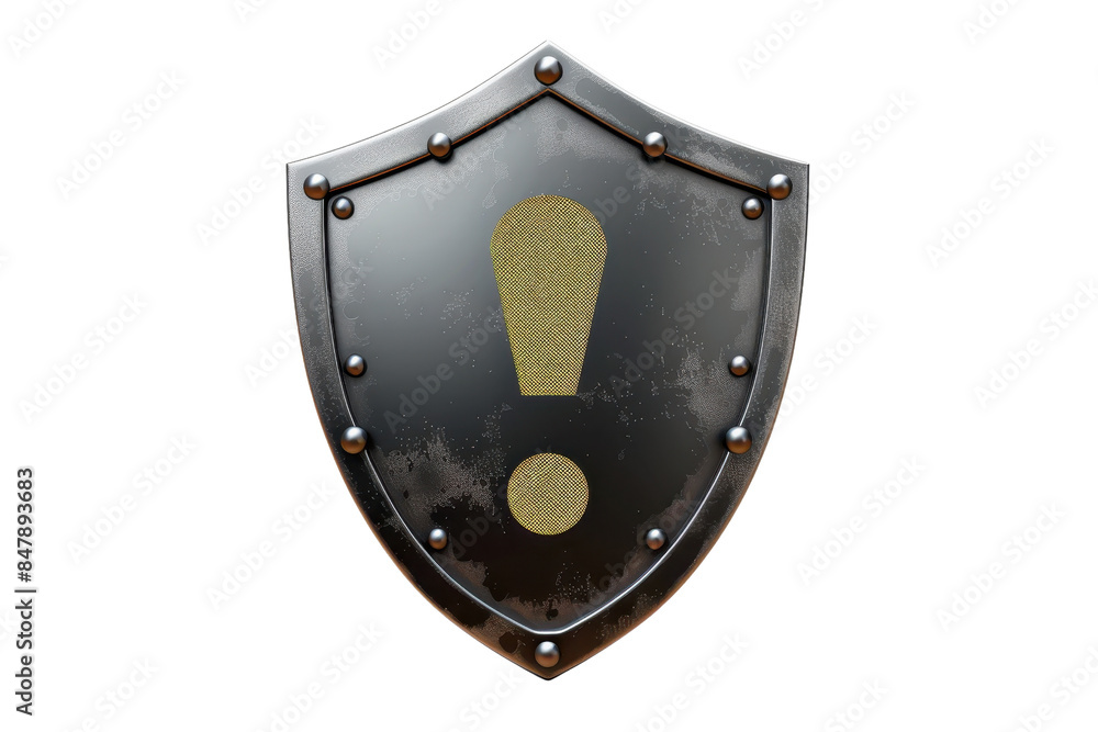Medieval shield with exclamation mark symbol. Represents security ...