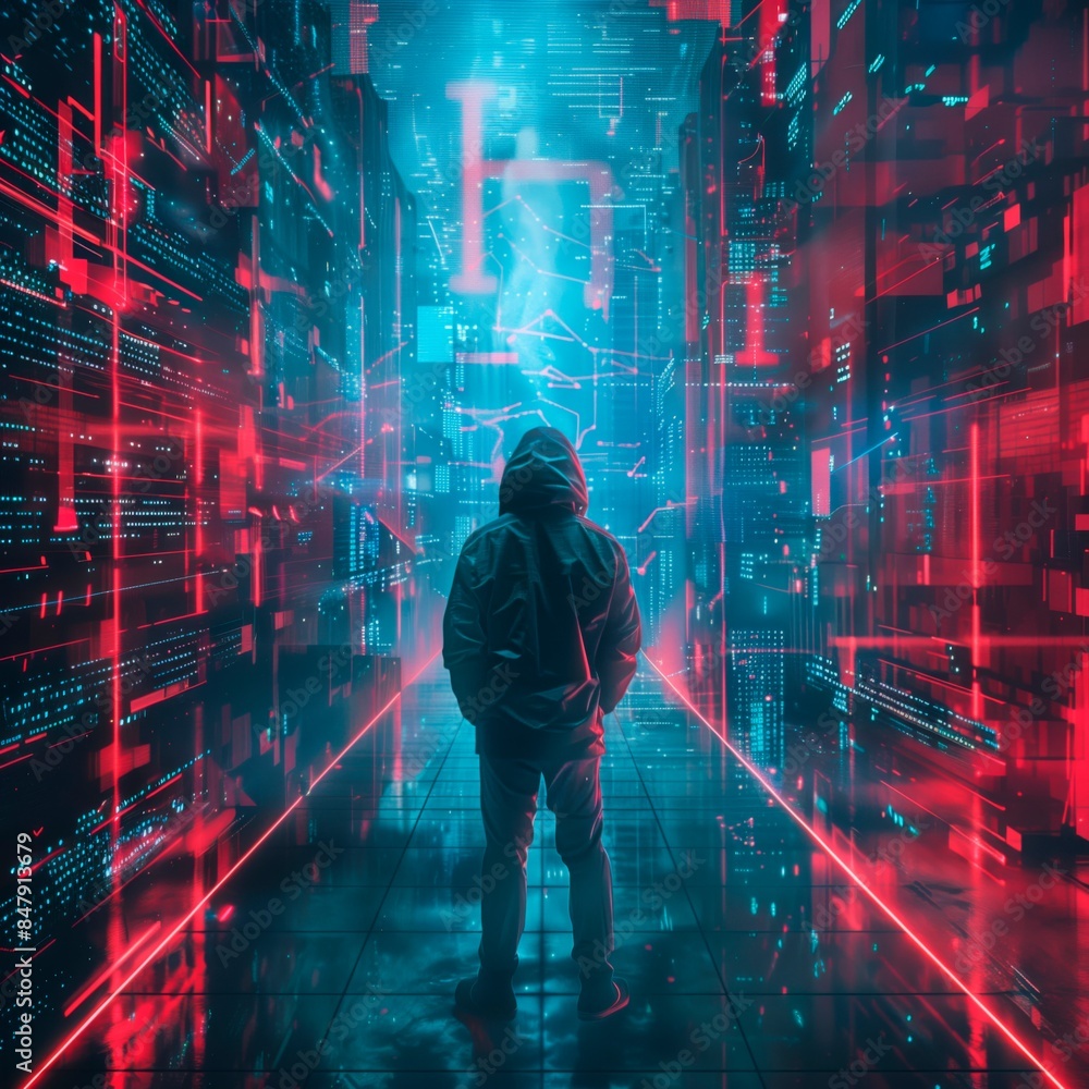 Cyber attack. Hoode hacker full body surrounded by digital infographics ...