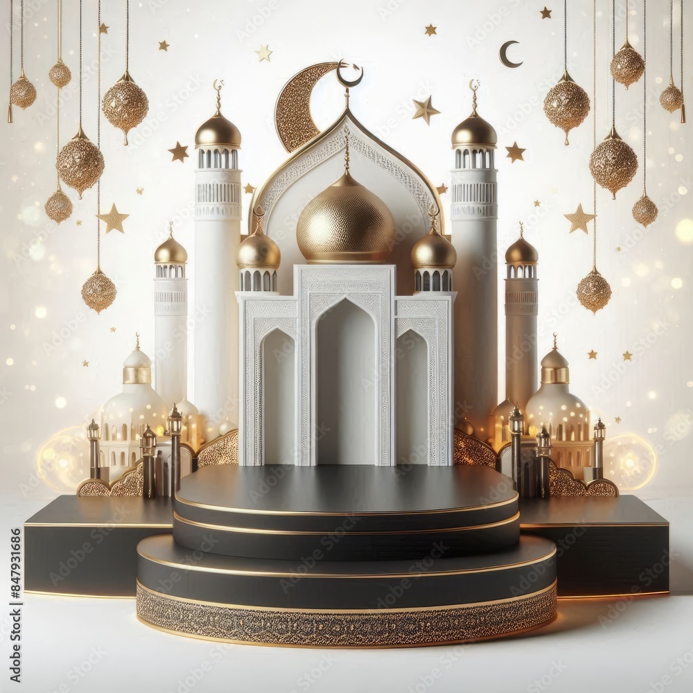 Realistic Islamic product display podium with mosque gate and golden ...