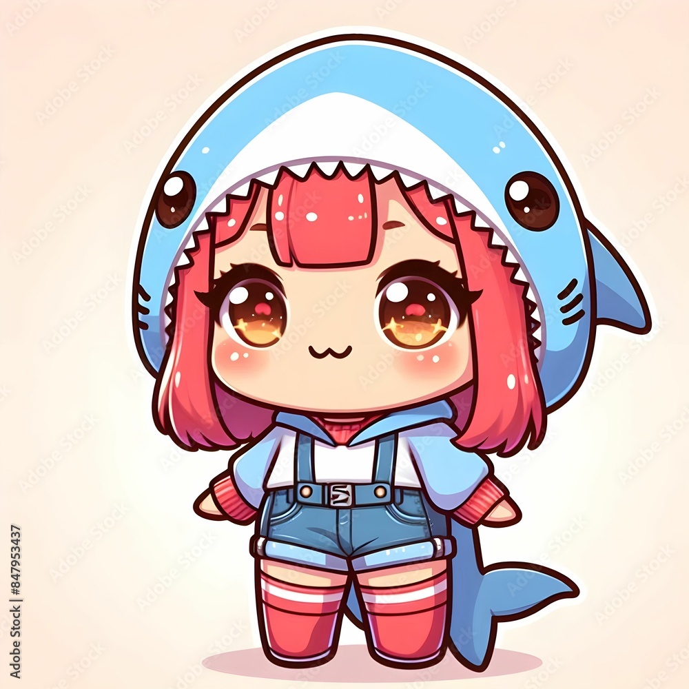 Cute chibi character with red hair wearing a shark-themed hoodie and ...
