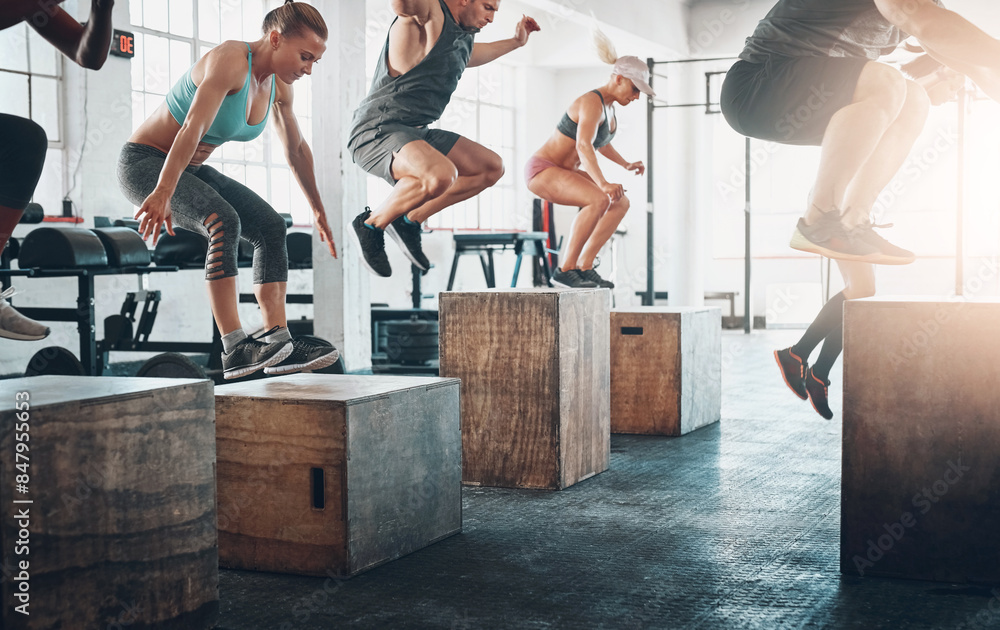 Fitness, class and people with box jumping in group for exercise ...