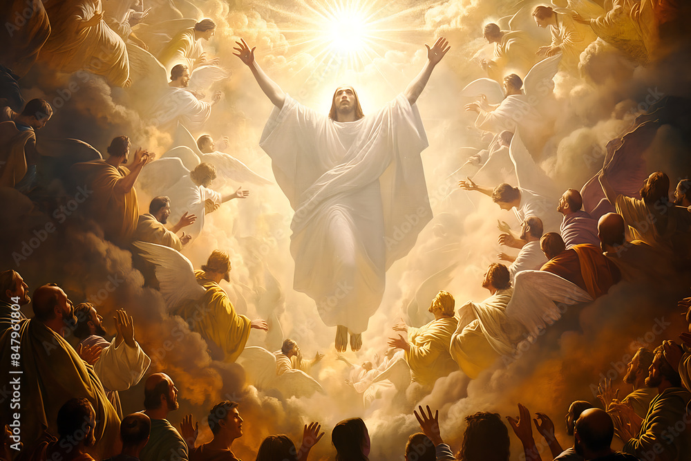 Divine ascension of Jesus Christ into heaven surrounded by angels glorious resurrection ...