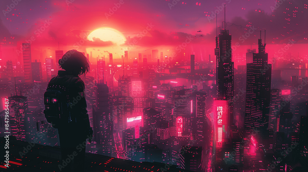 Ilustrace Nostalgic Cyberpunk City Poster in 80s Retro Style with ...