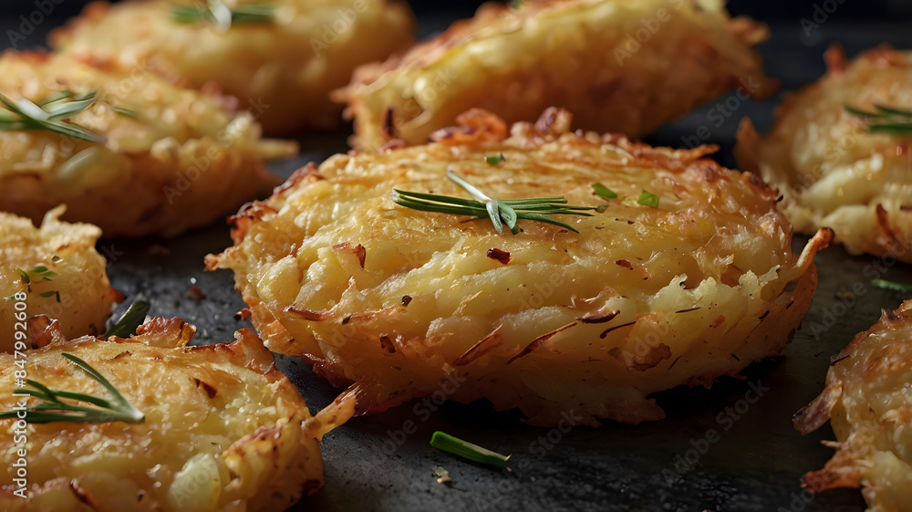 Tasty crispy golden yellow potato fried hash browns with garnished ...