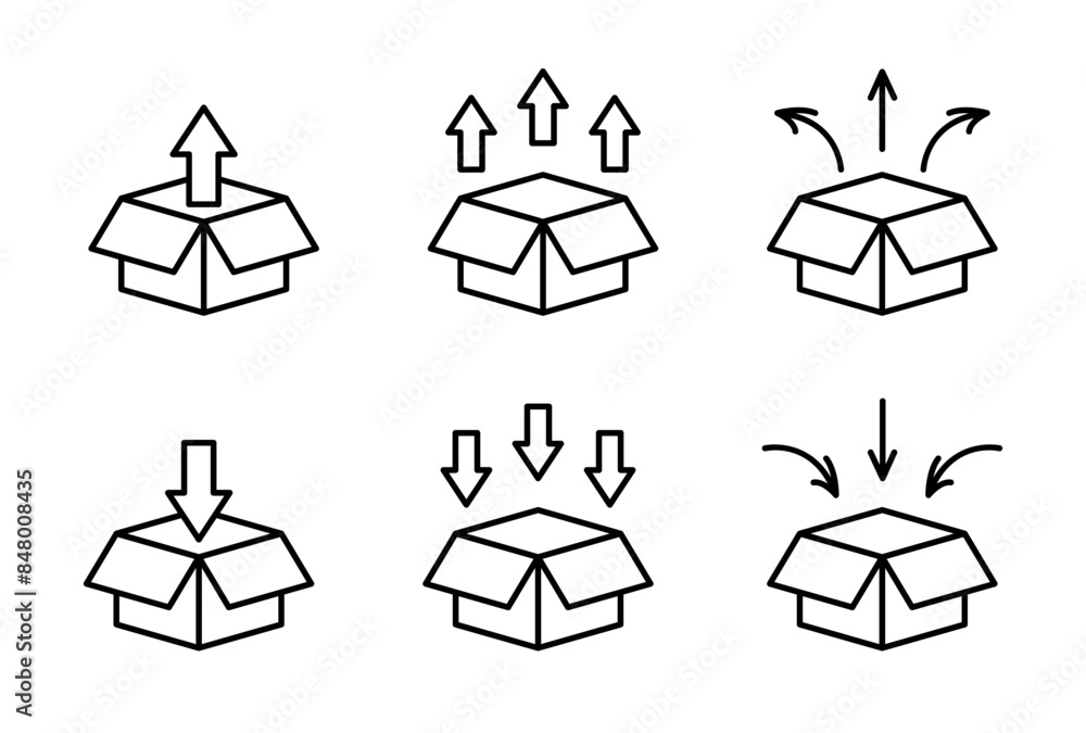 Box unpacking icon set. Take out or in from the box symbol. Open ...