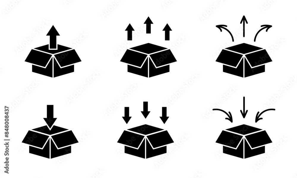 Box unpacking icon set. Take out or in from the box symbol. Open ...