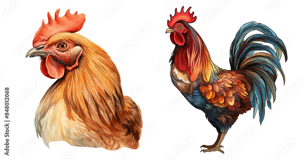 set clipart rooster chicken watercolor illustration on transparent ...