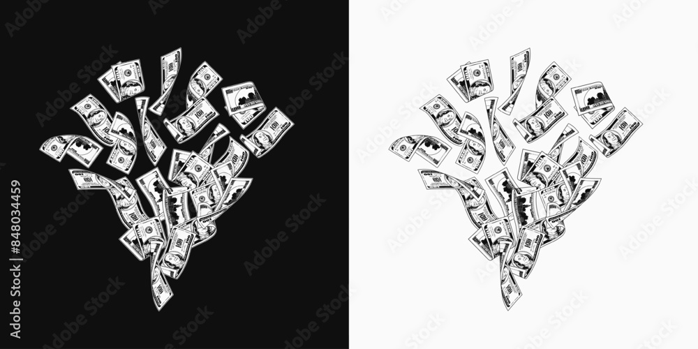 Money dollar composition like burst, firework with pile of flying apart ...