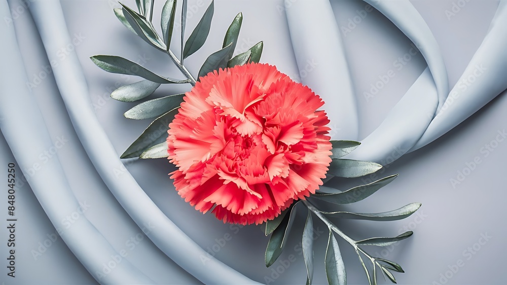Flowers composition made of coral carnation and silver green leaves of ...