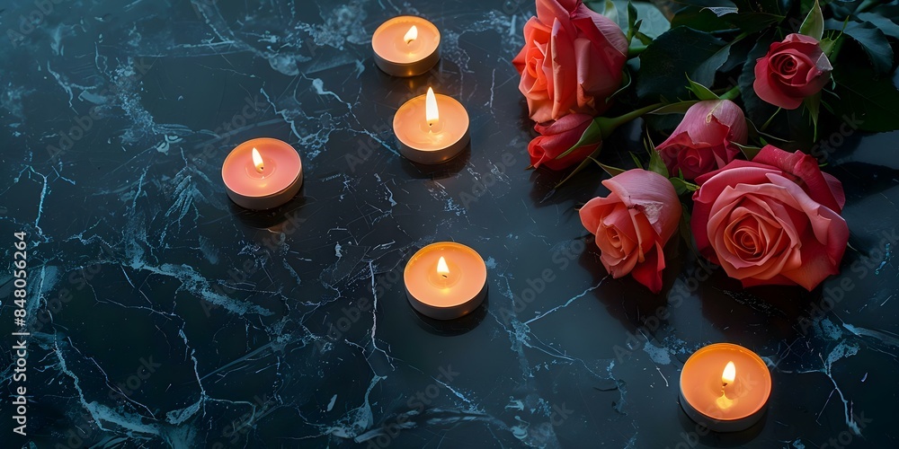 Black marble background with rose bouquet candles evoking mourning and ...