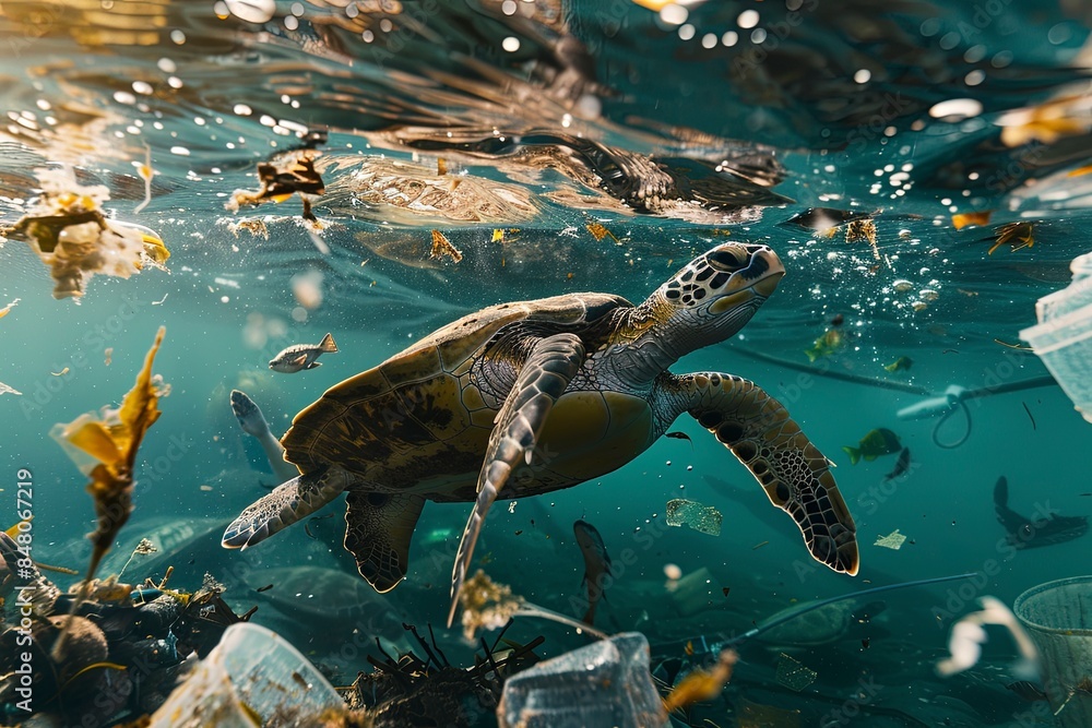 Sea turtle swimming amidst ocean trash, highlighting the impact of plastic pollution on marine ...