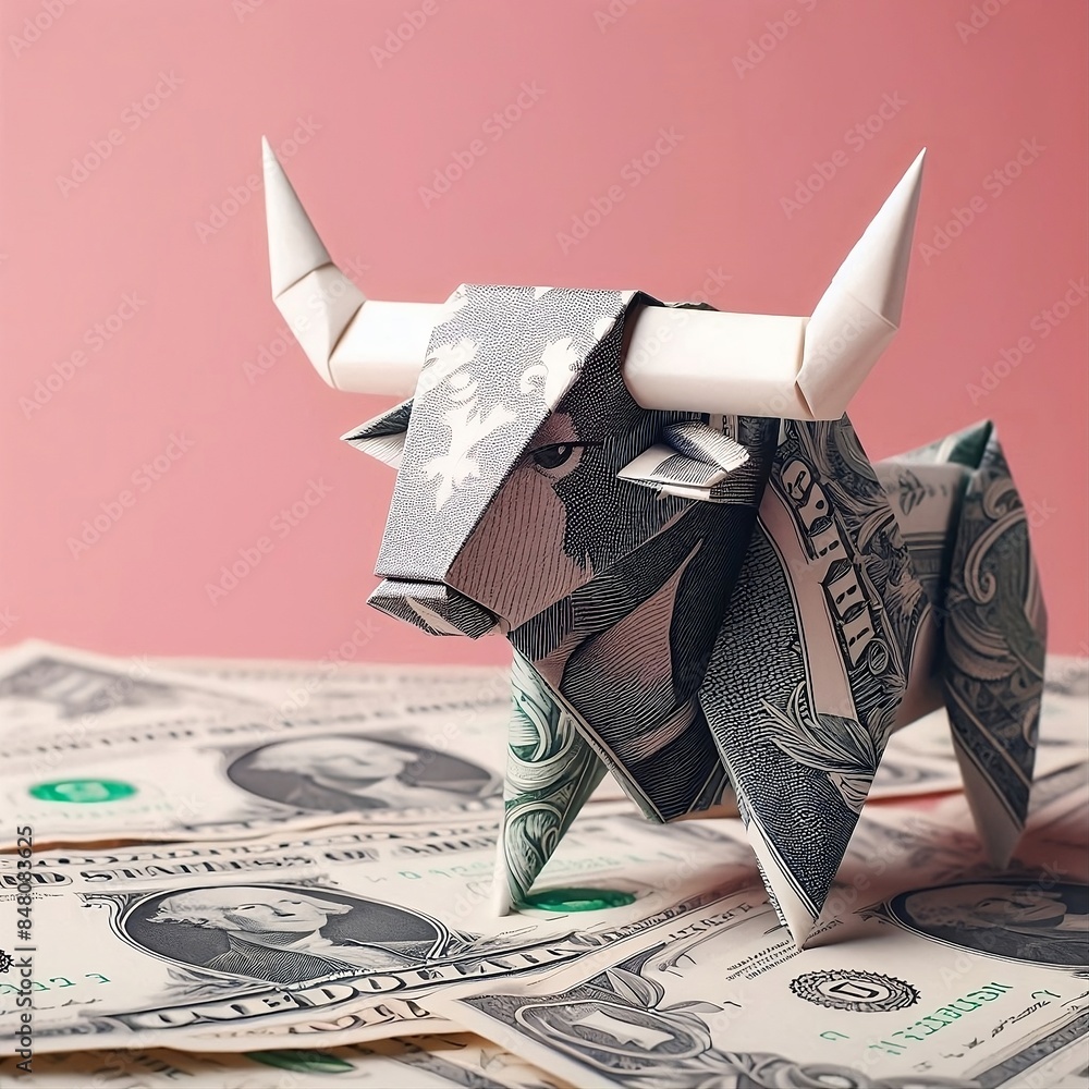 Origami bull made with american dollar bill money banknotes with copy ...