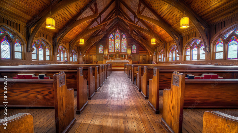 An empty wooden church with stained glass windows and pews, interior ...