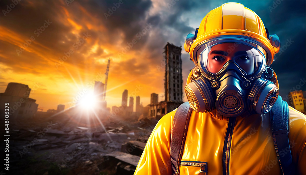 Extreme close-up of a man in protective biohazard suit and gas mask in ...