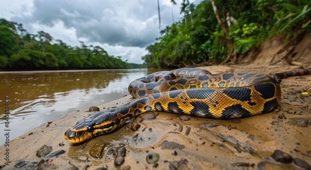 A giant python floated on its back in the Amazon jungle, with black ...