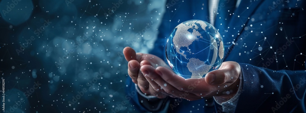 Businessman holds global business globe with network connected to Data ...