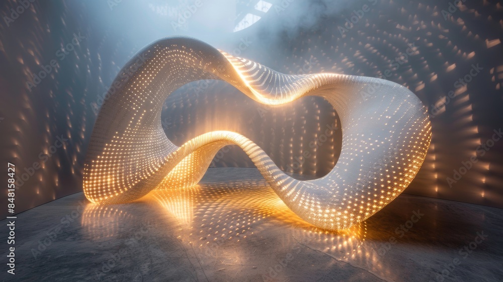 Illuminated lines bending and twisting in an abstract light sculpture ...