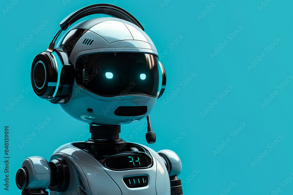 White robot telephone consultant wearing headphones with blue glowing ...