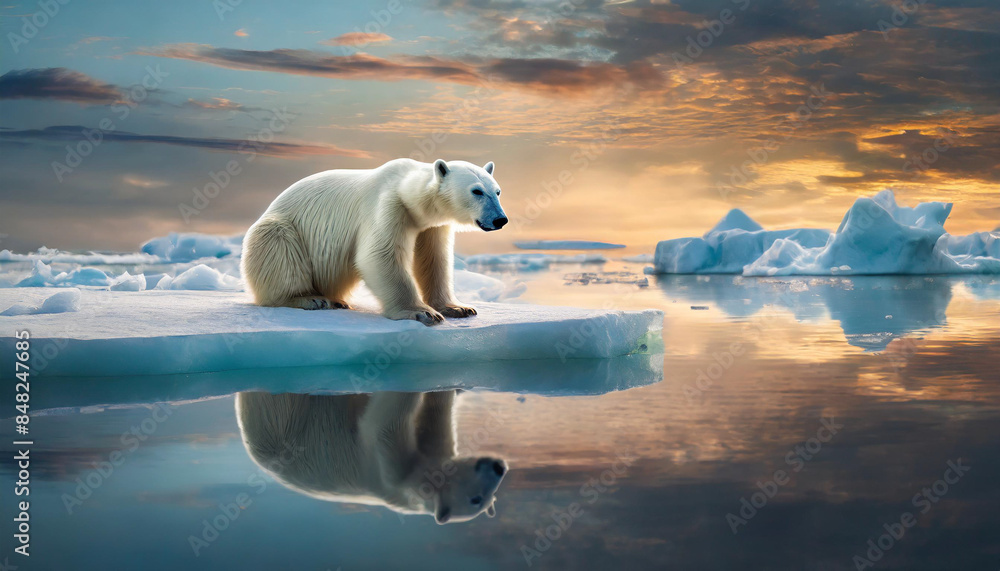 white polar bear seated on a shrinking ice floe in the Arctic Sea ...