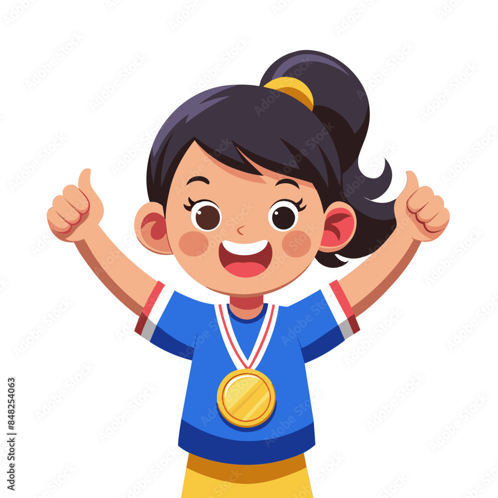 Cartoon illustration of a happy girl celebrating a victory or ...
