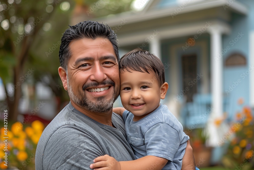 joyful father holds his adorable son in the front yard, capturing a ...