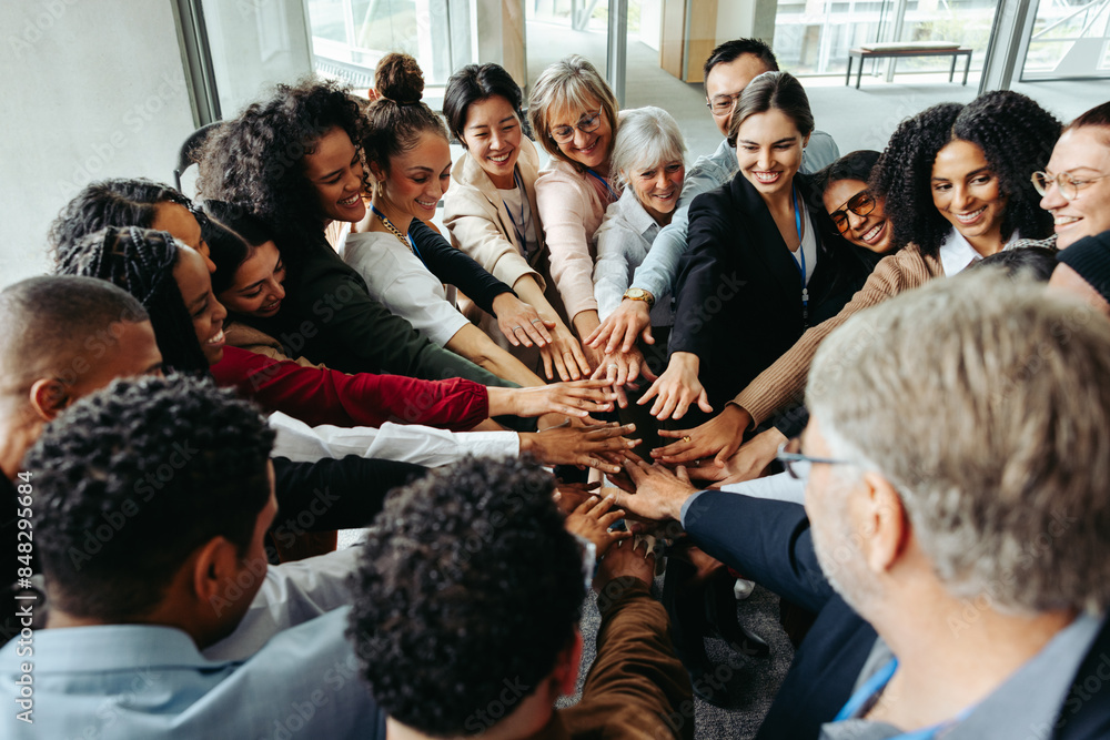 Group of diverse people with teamwork and inclusion at a conference ...