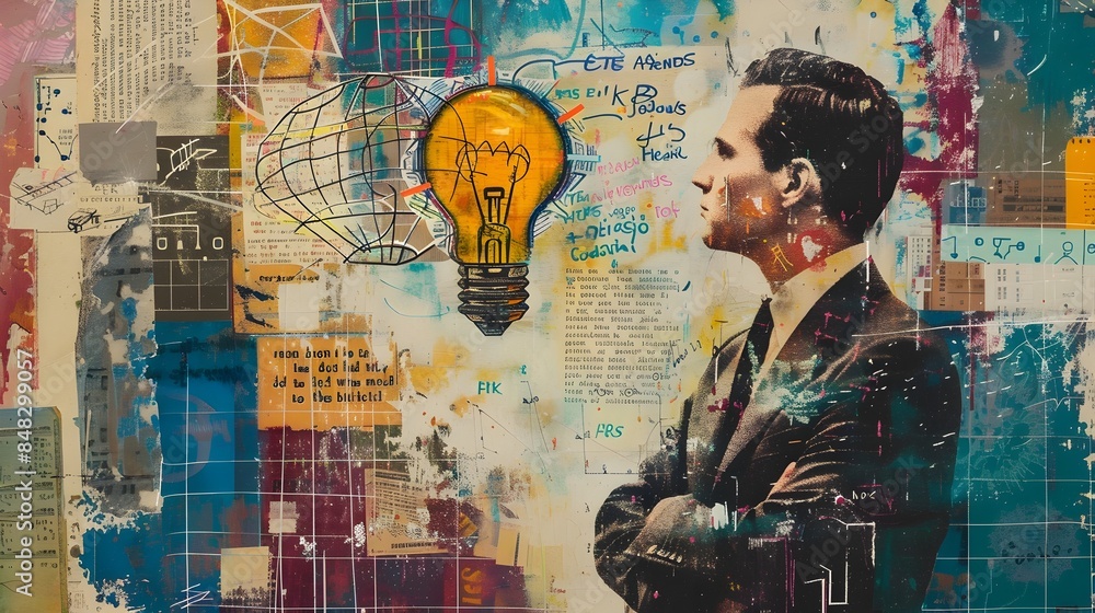 Surreal Pop Art Collage of Businessman Immersed in Ideation and ...