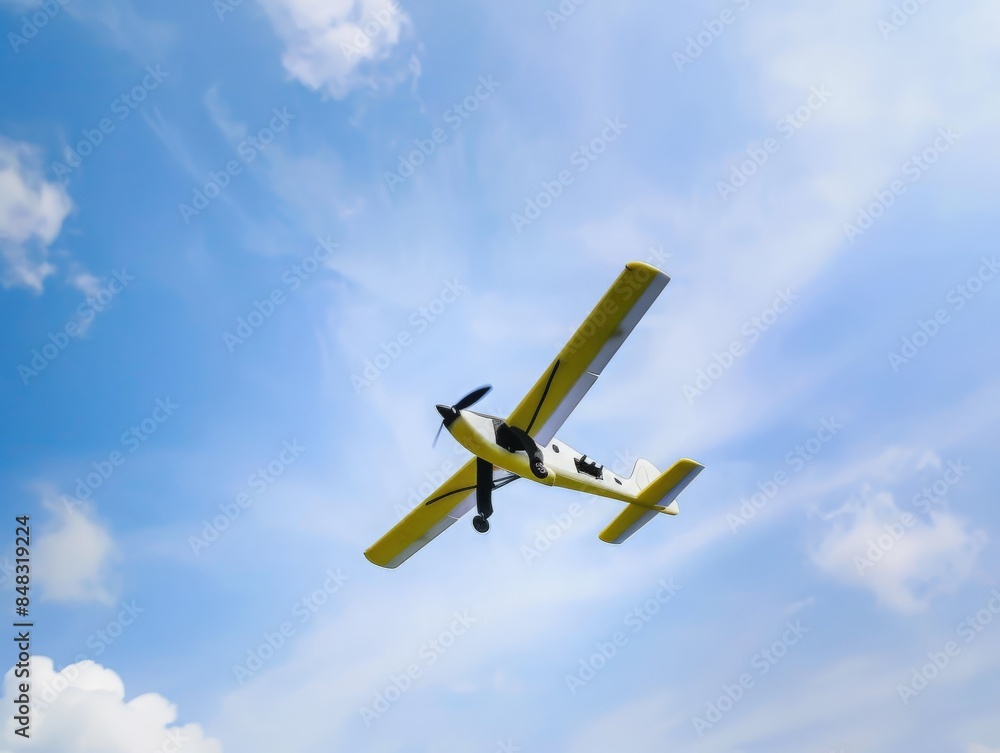 remote control propeller monoplane flying in blue sky low angle shot ...
