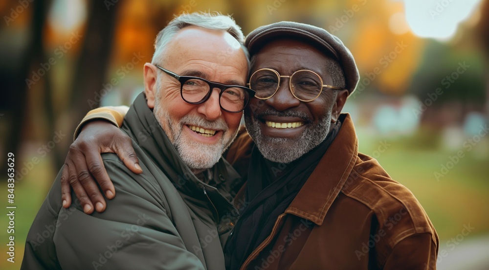 Two middle-aged men hugging. Interracial gay couple in love. Candid ...