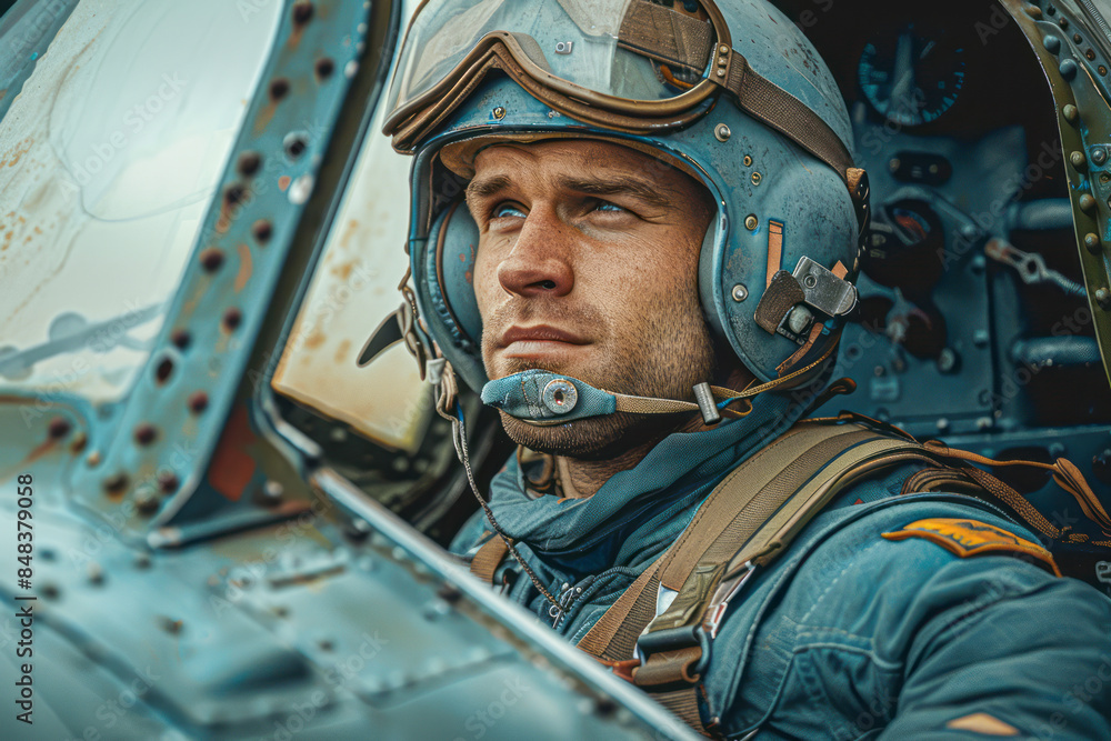 WWII Fighter Pilot in Cockpit Ready for Battle: Dramatic Image of ...